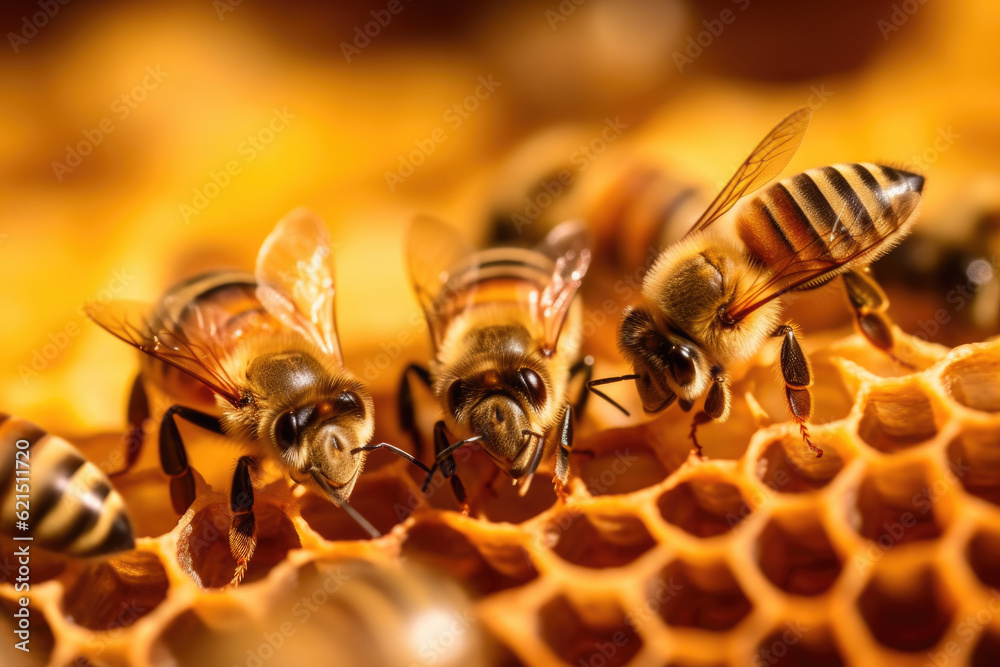 group of bees standing next to each other inside of a honeycomb ...