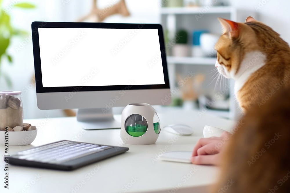 cat sitting on the desk next to an office computer screen. pets in the ...