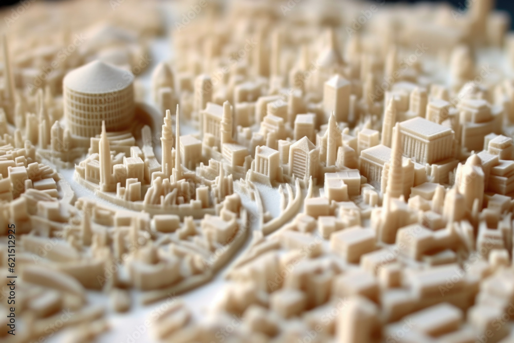intricately shaped 3D printed model of a city. remarkably detailed and ...