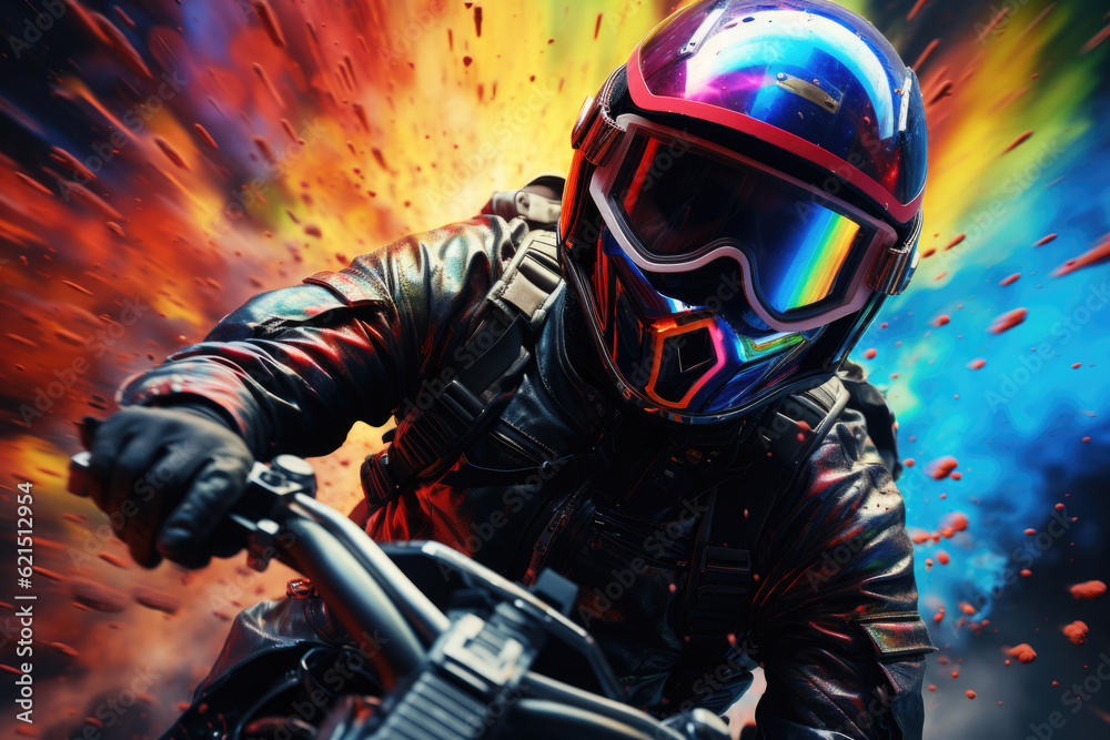 motorcycle driver on his bike with colorful fireworks around him ...