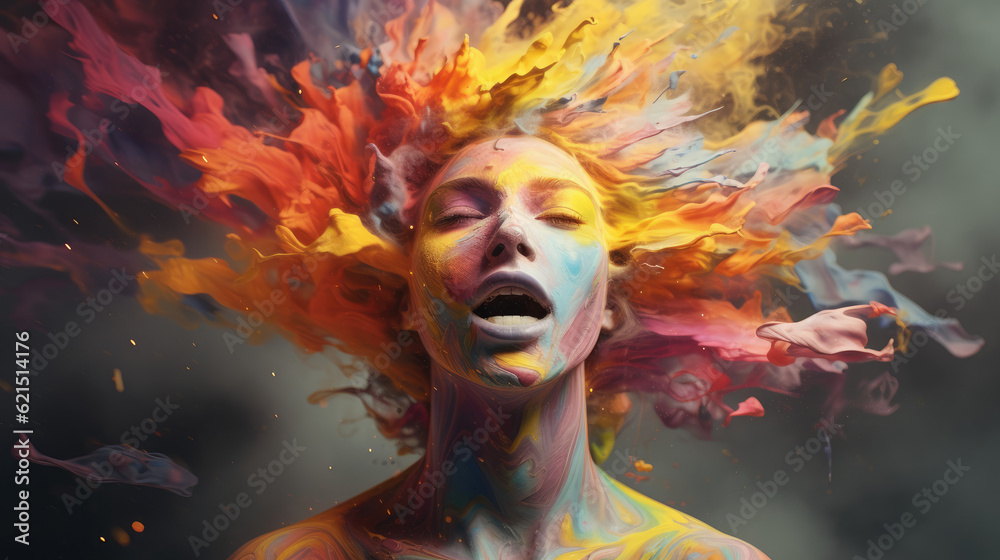 explosion of colours and sad from the head of an artist concept of ...
