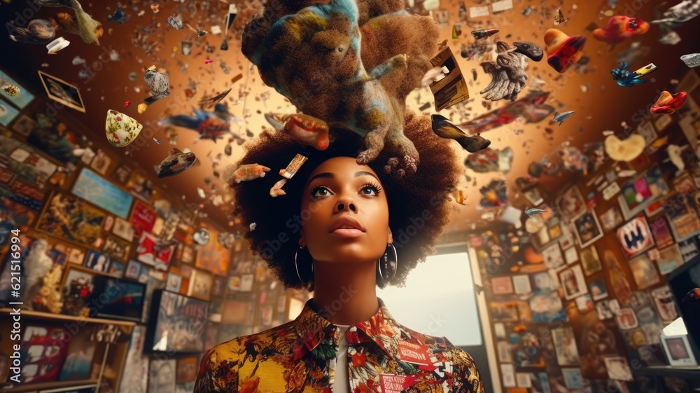 Overwhelming information data explode out of head of young human brain ...