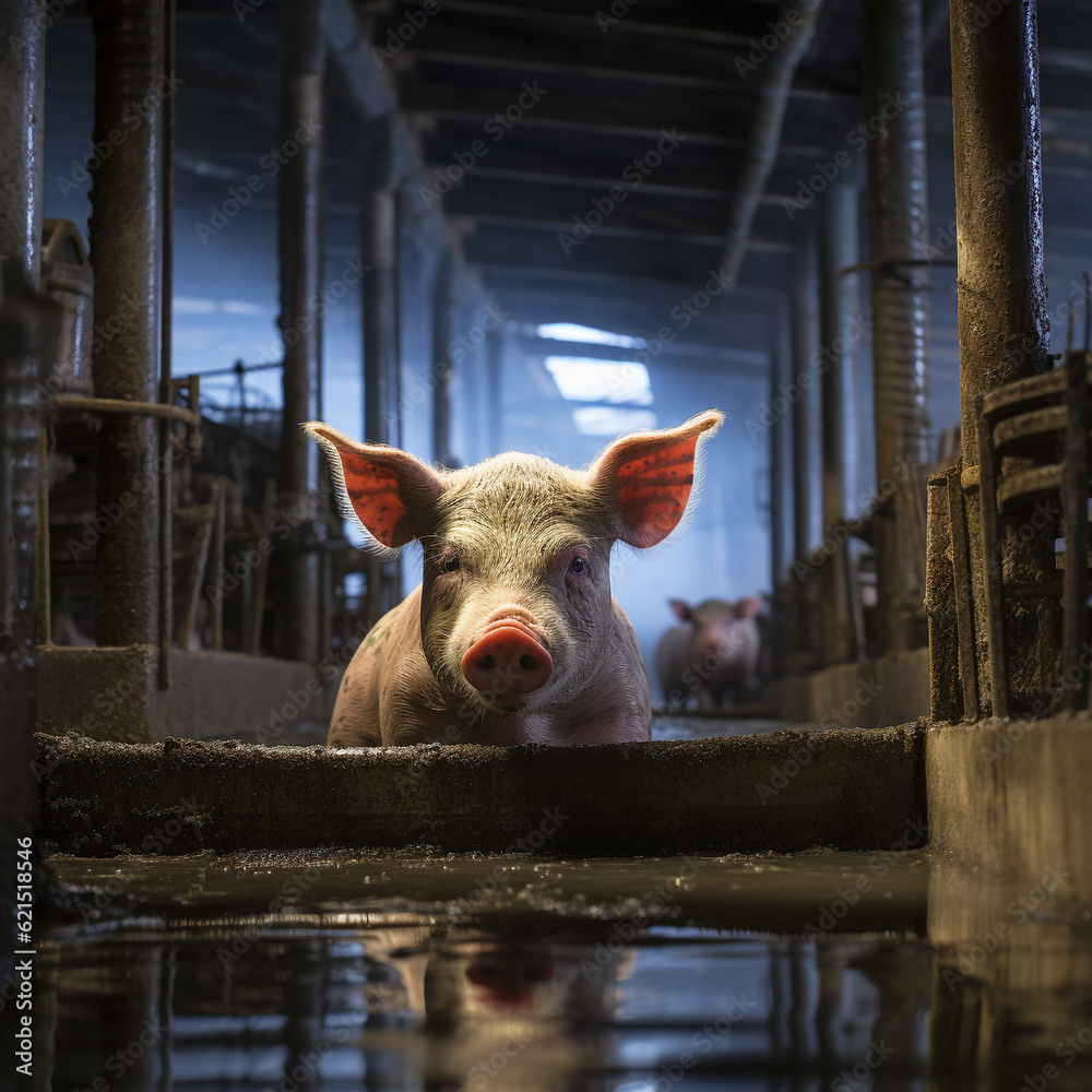 Sad pig in small factory farming cage Stock 写真 | Adobe Stock
