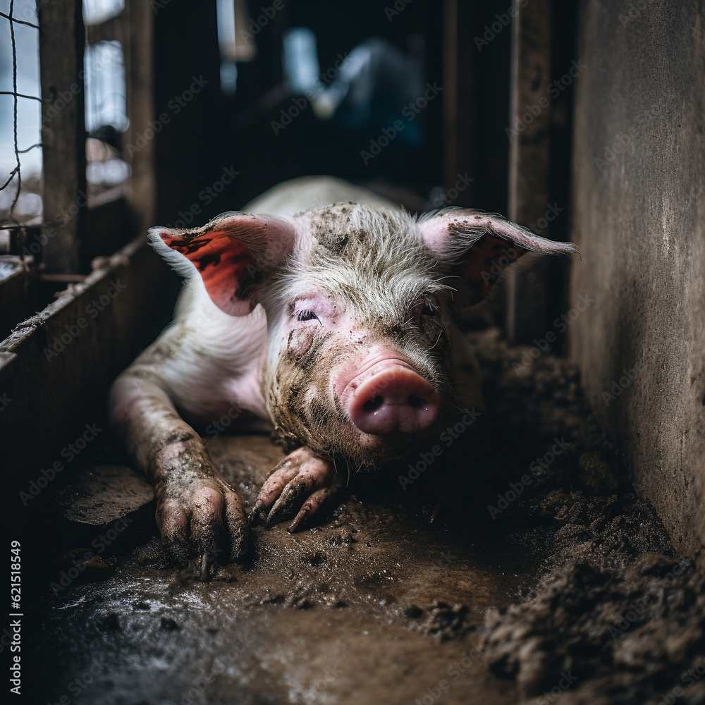 Sad pig in small factory farming cage Stock 写真 | Adobe Stock