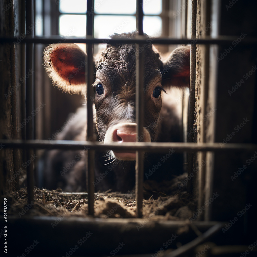 Sad calv in small factory farming cage Stock Photo | Adobe Stock