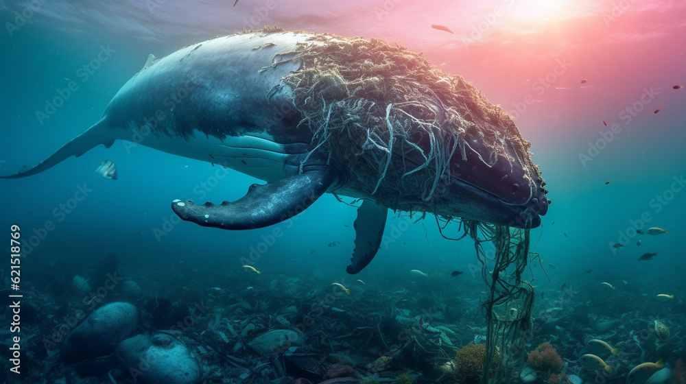 sad blue whale covered in trash, global warming Stock Photo | Adobe Stock