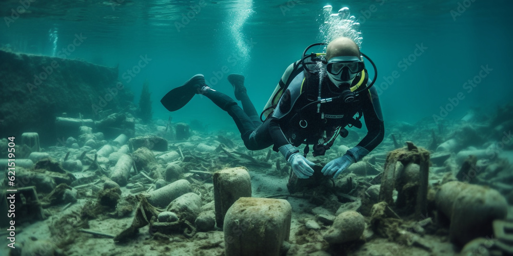 Diver swimming in shallow water over tons of trash and plastic ...