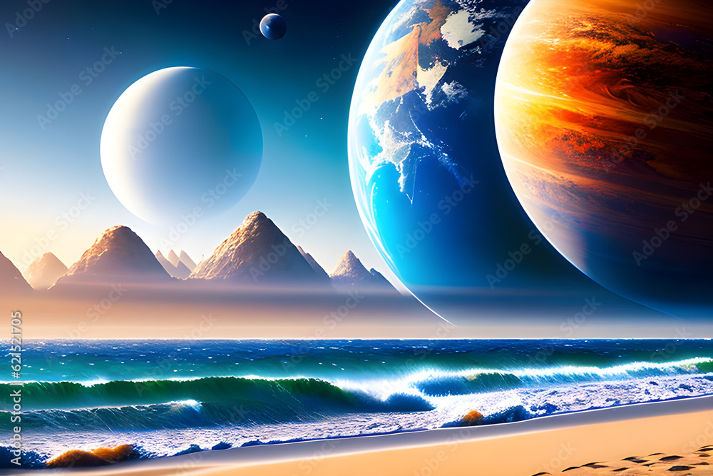 space art, big beautiful distortion planet, beach, concept art ...