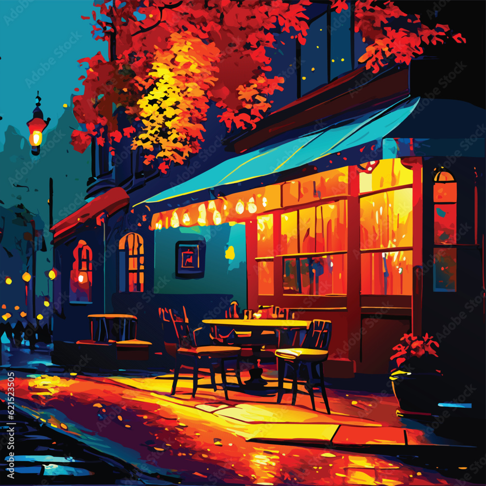 Rainy street, wet weather in night town. City street with bar at rainy ...