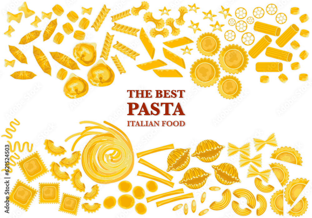 Pasta types set Italian noodles and macaroni restaurant menu, delicious ...