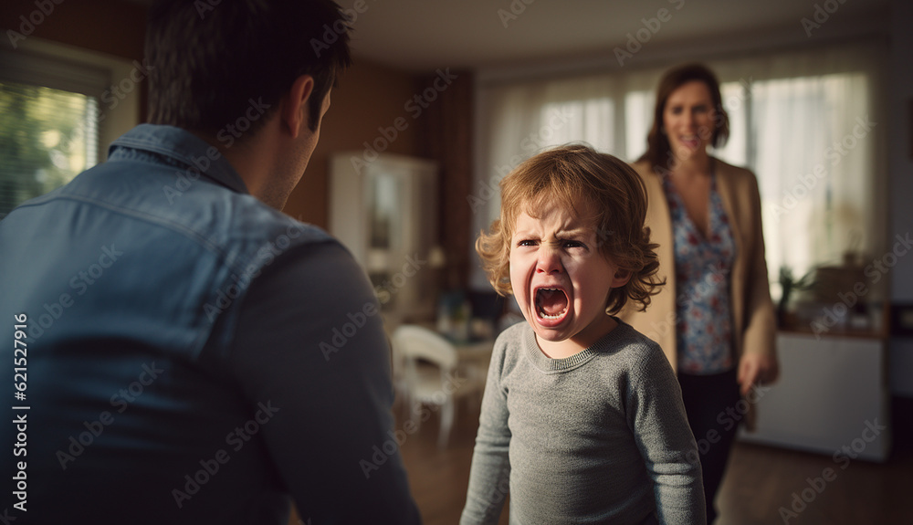 Angry screaming child with desperate parents.Stressed exhausted mother ...