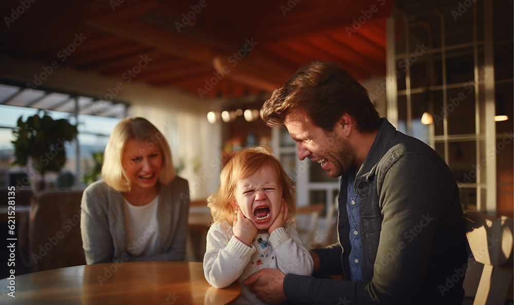 Angry screaming child with desperate parents.Stressed exhausted mother ...