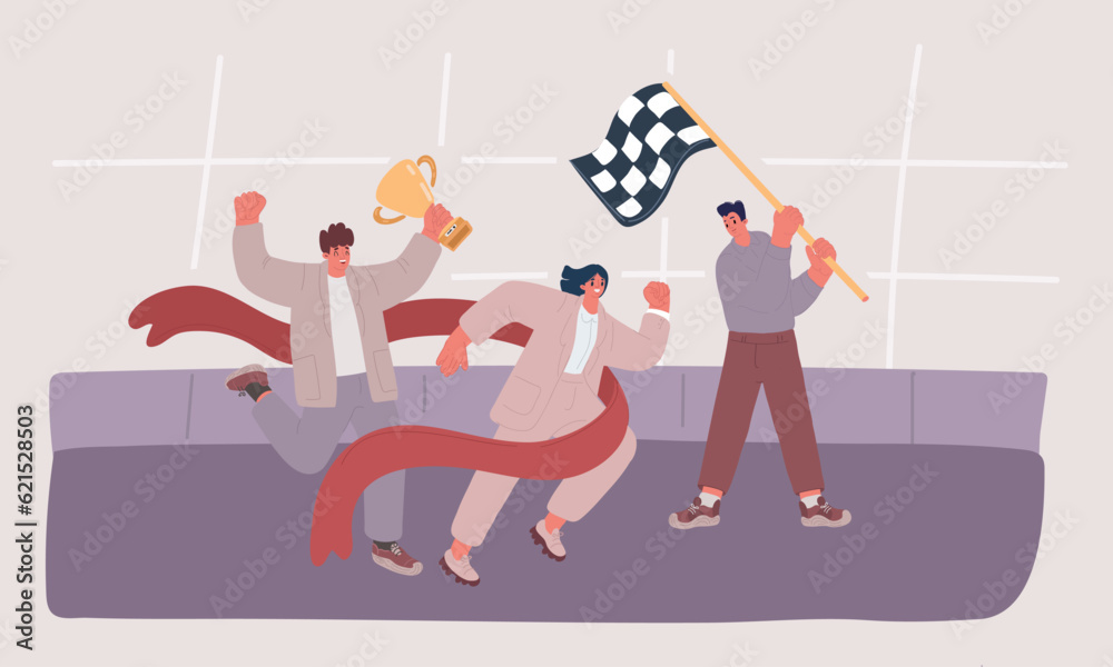 Vector illustration of Joyful office workers or clerks crossing finish ...