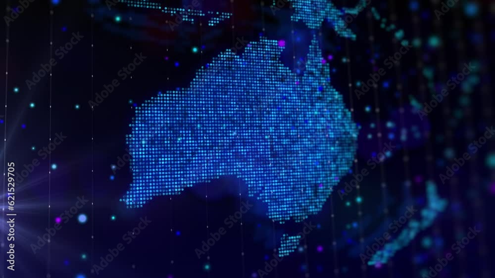 Digital map of Australia in the form of a bright glowing particle ...