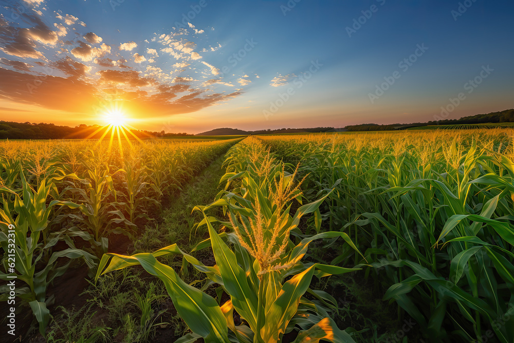 Sunset over corn field with blue sky and clouds, agricultural landscape ...