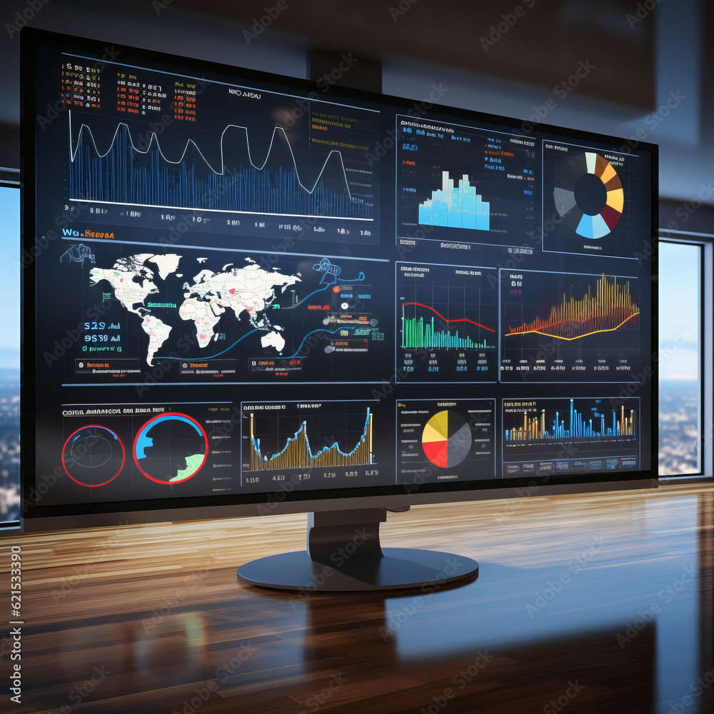 Large screen is filled with a vibrant display of dynamic data ...