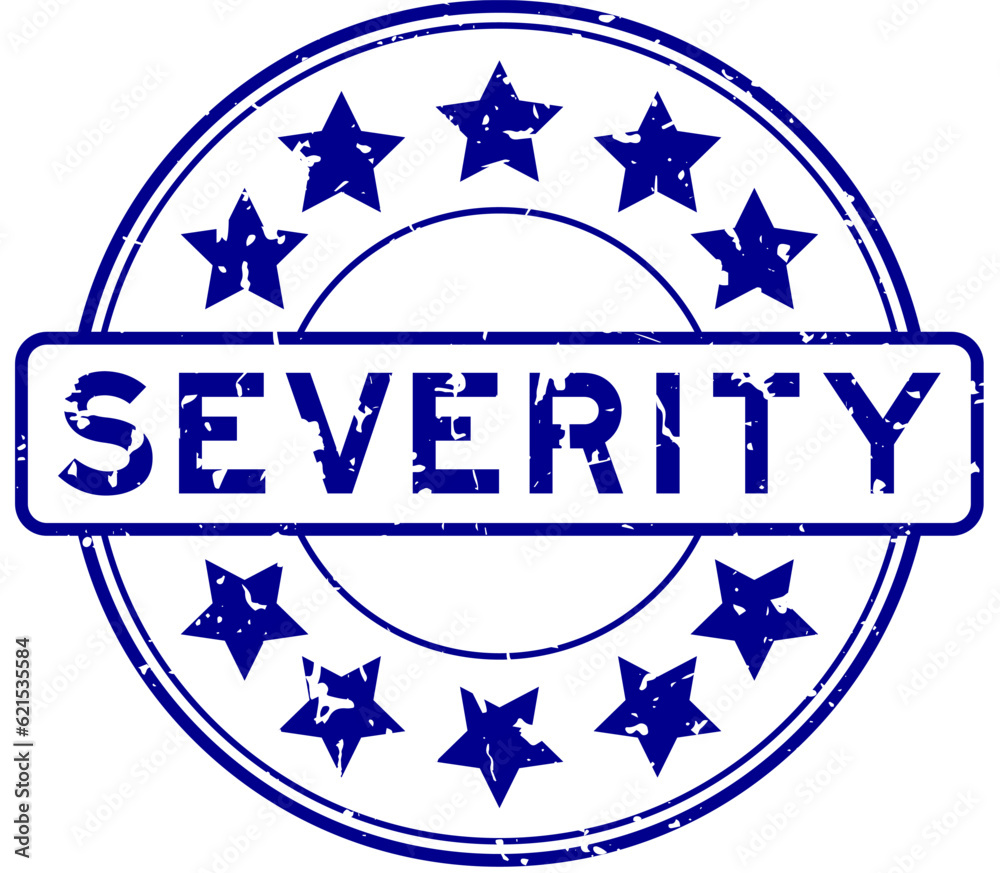 Grunge blue severity word with star icon round rubber seal stamp on ...