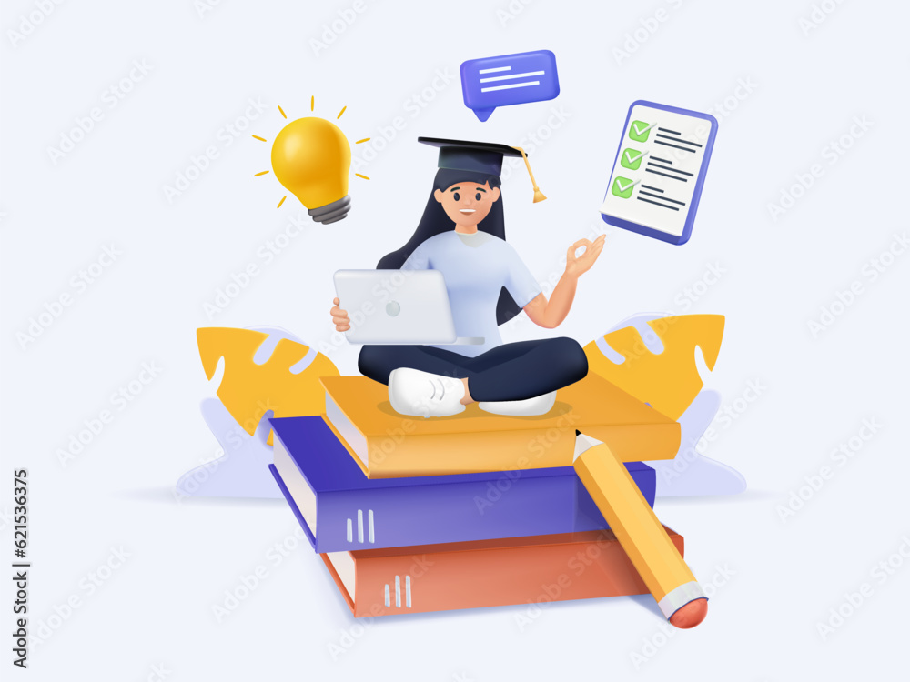 3D Student girl wearing graduation cap, studying with laptop. Young ...