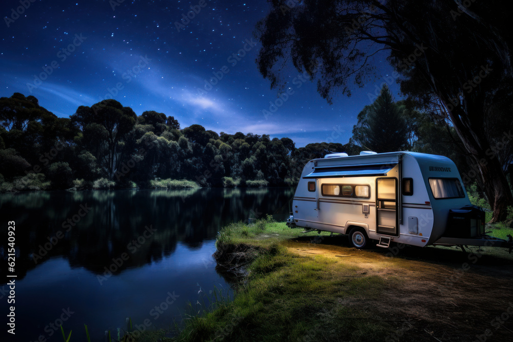 Summer night camping, lighted caravan and trees in the river under a ...