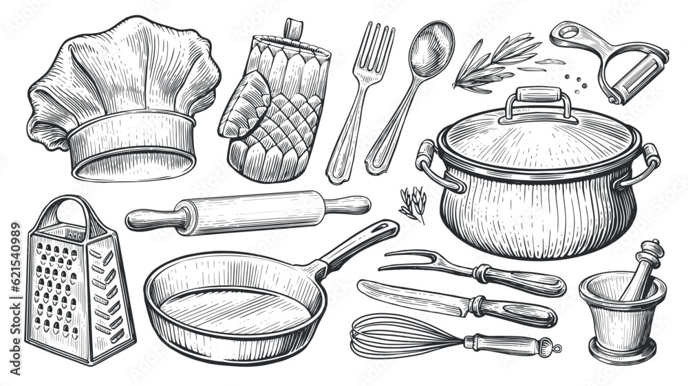 Cooking concept. Kitchen utensils set in vintage engraving style ...