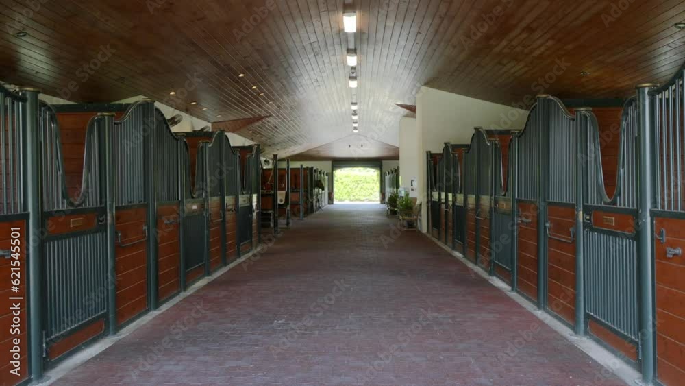 Empty modern stable with many separate stalls for keeping racehorses ...
