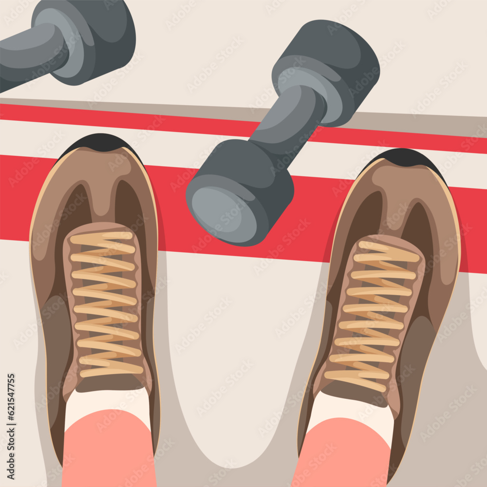 Top view of feet in sneakers in gym vector illustration. Cartoon selfie ...