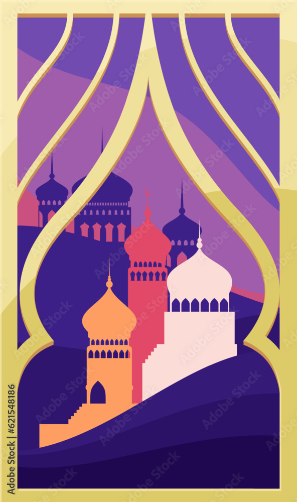 Oriental arch window with mosques and Middle East city vector ...