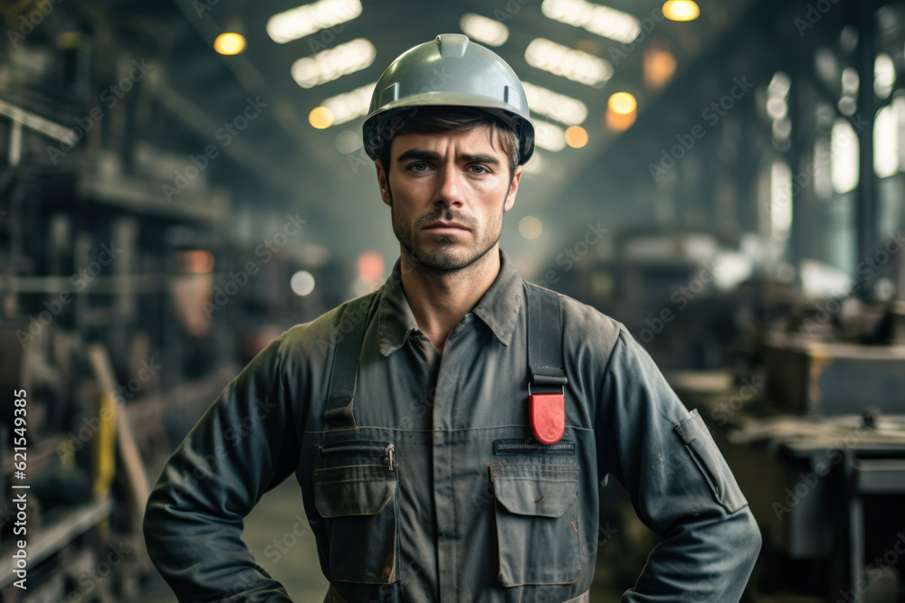 Industrial worker portrait. Young man in a uniform wearing hardhat ...