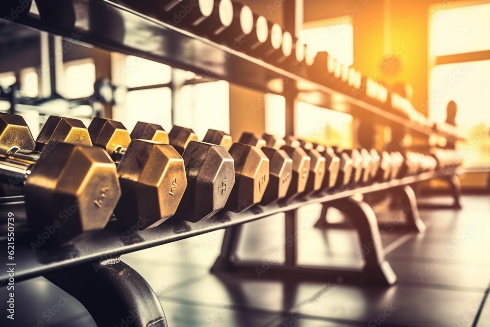 gym interior background of dumbbells on rack in fitness and workout ...