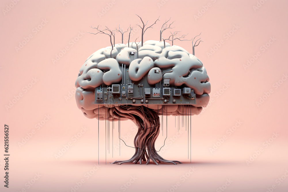 Robot AI brain with trees on pink background. Artificial intelligence ...