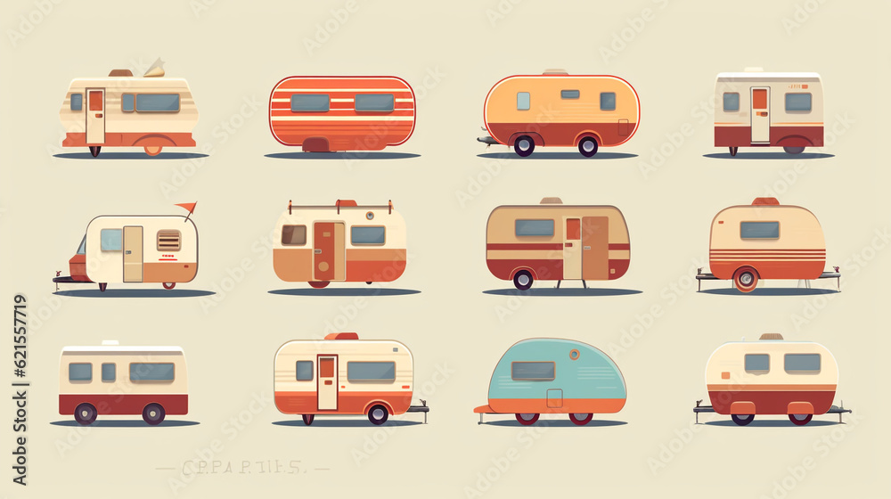 Camper trailers and vans icon group design of caravan trip camp ...