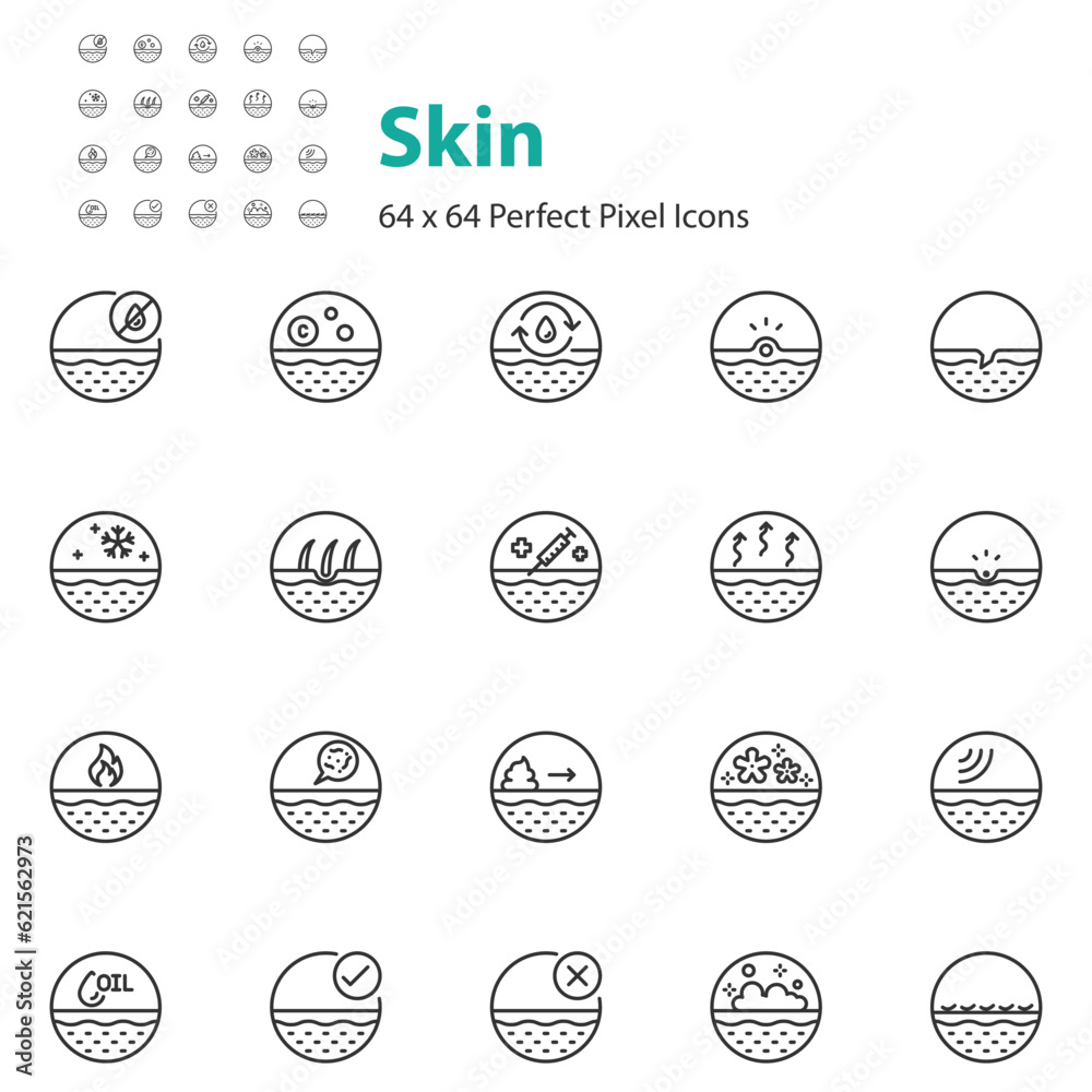 set of skin icons, skin care, epidermis, acne, pore Stock Vector ...