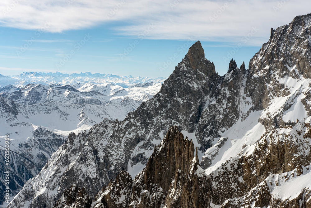 A stunning view of the Mont Blanc range after a light snowfall in ...