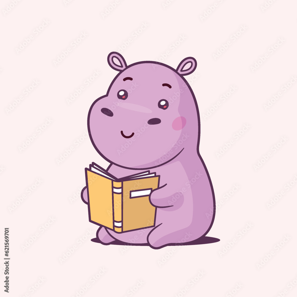 Cute kawaii hippopotamus student reading a book vector cartoon ...