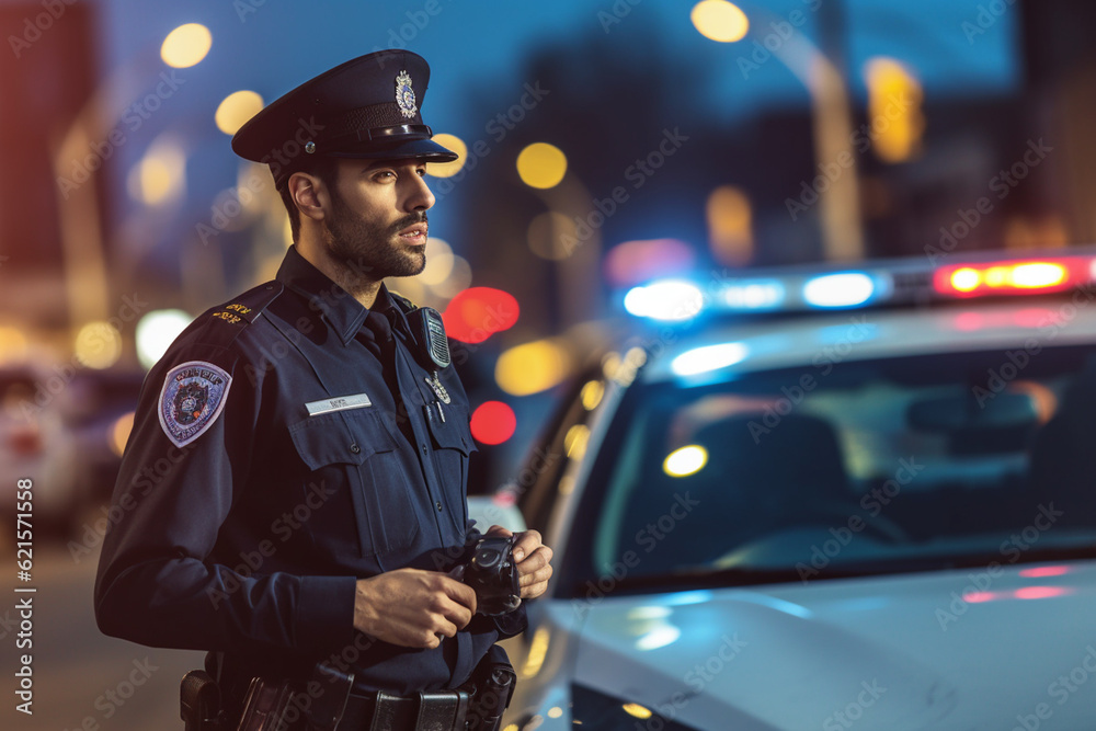 male police officer speaking on the radio with police car behind him ...