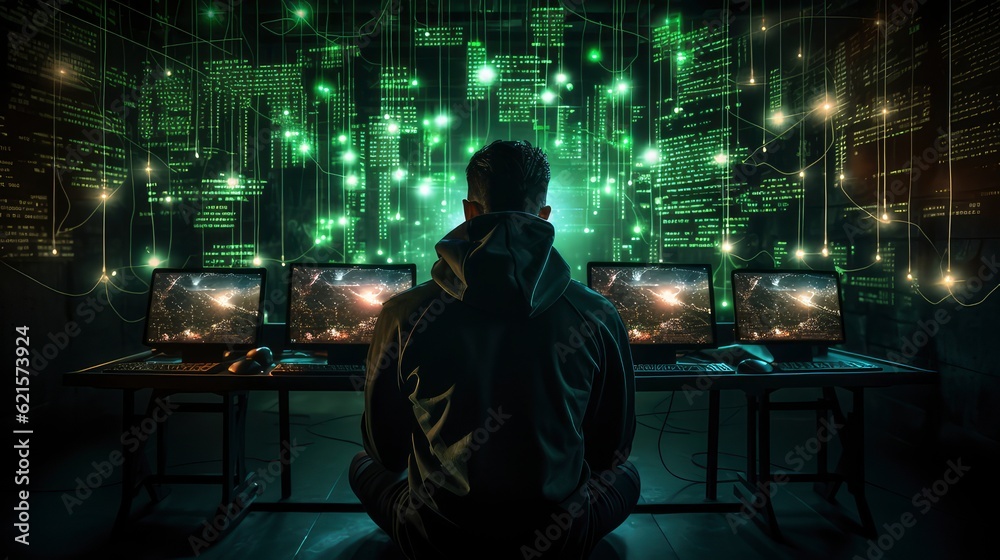 Hacker sitting in front of computer screens with binary code,The Dark Web's Enigma: Unmasking ...