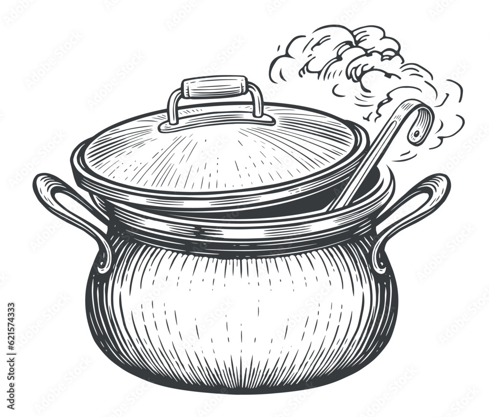 Pot with cooking soup and ladle and lid. Food preparation in saucepan ...