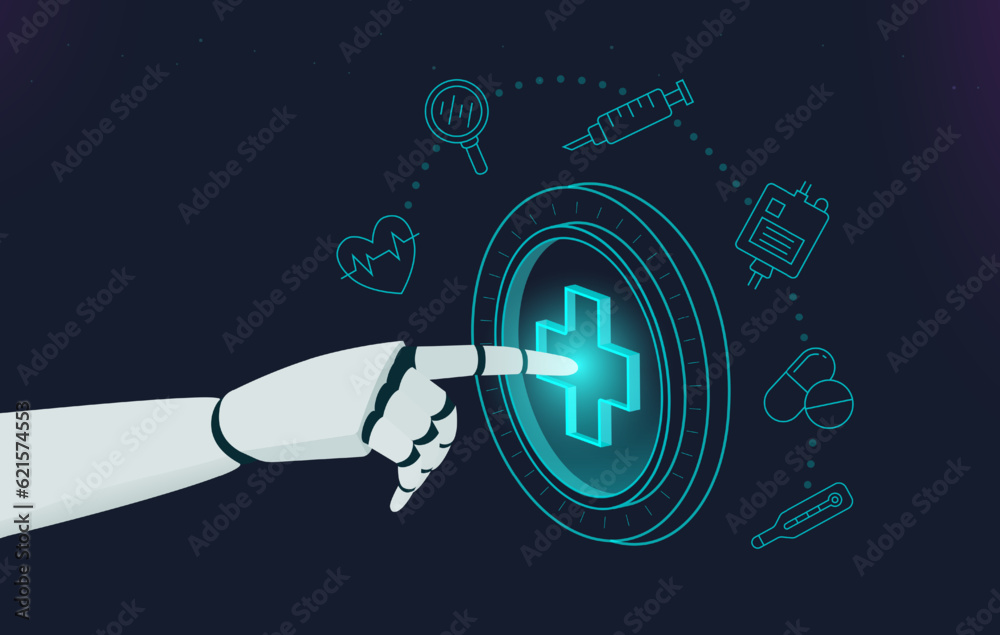 Robot hand pressing hologram button with hospital icon and equipment ...