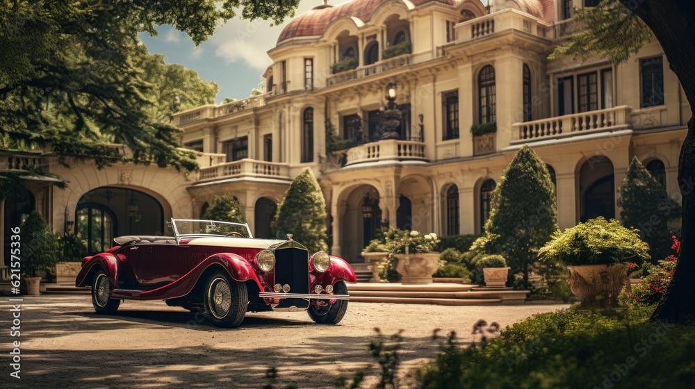 old car in front of a house, Retro car . mansion, luxury home. vintage ...