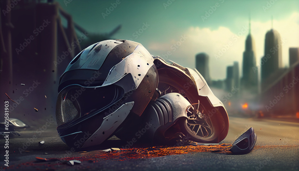 Motorcycle crash road accident with broken motorbike and helmet. City ...