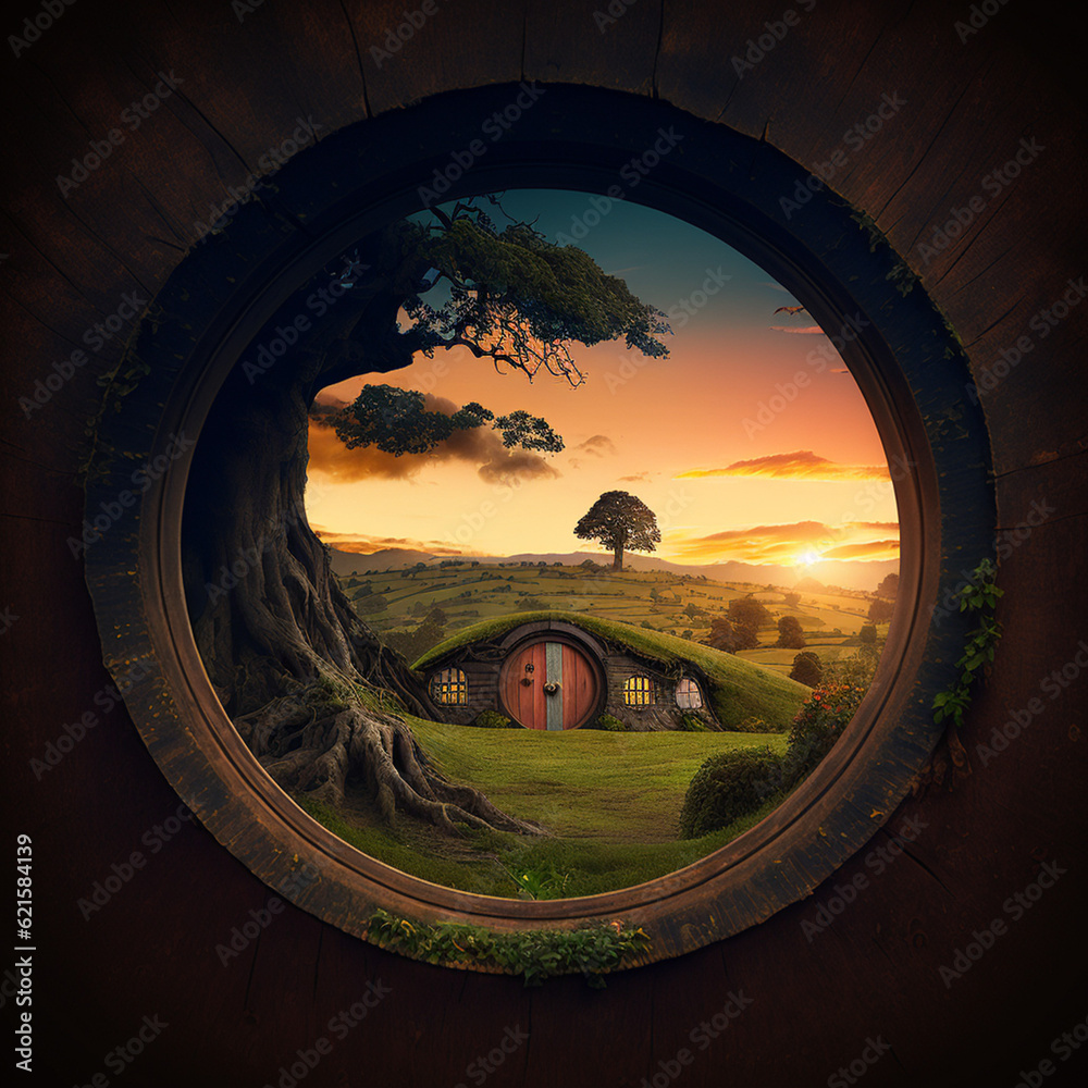 Hobbit hole in the sunset Stock Illustration | Adobe Stock