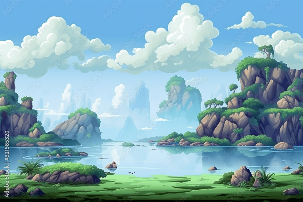 2d arcade game level map, fantasy island game background, mountains ...