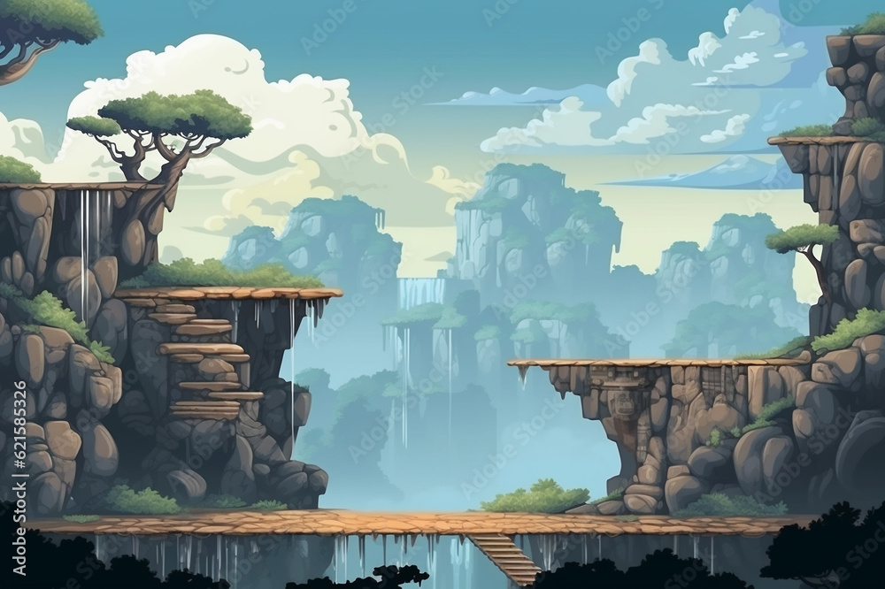 2d arcade game level map, fantasy island game background, mountains ...