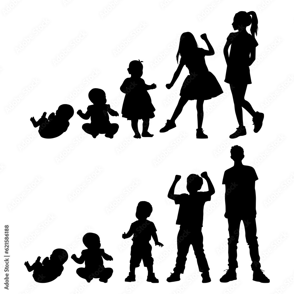 Vector illustration. Silhouette of growing up man from baby to old age ...