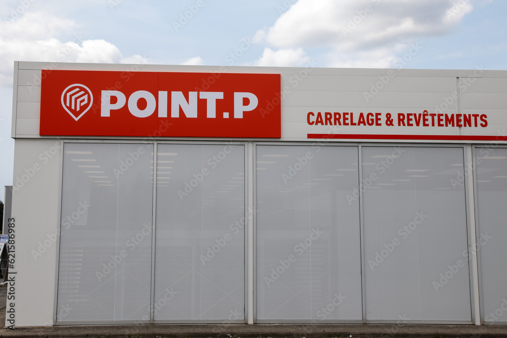 Point.P text chain brand and wall logo sign front facade entrance ...