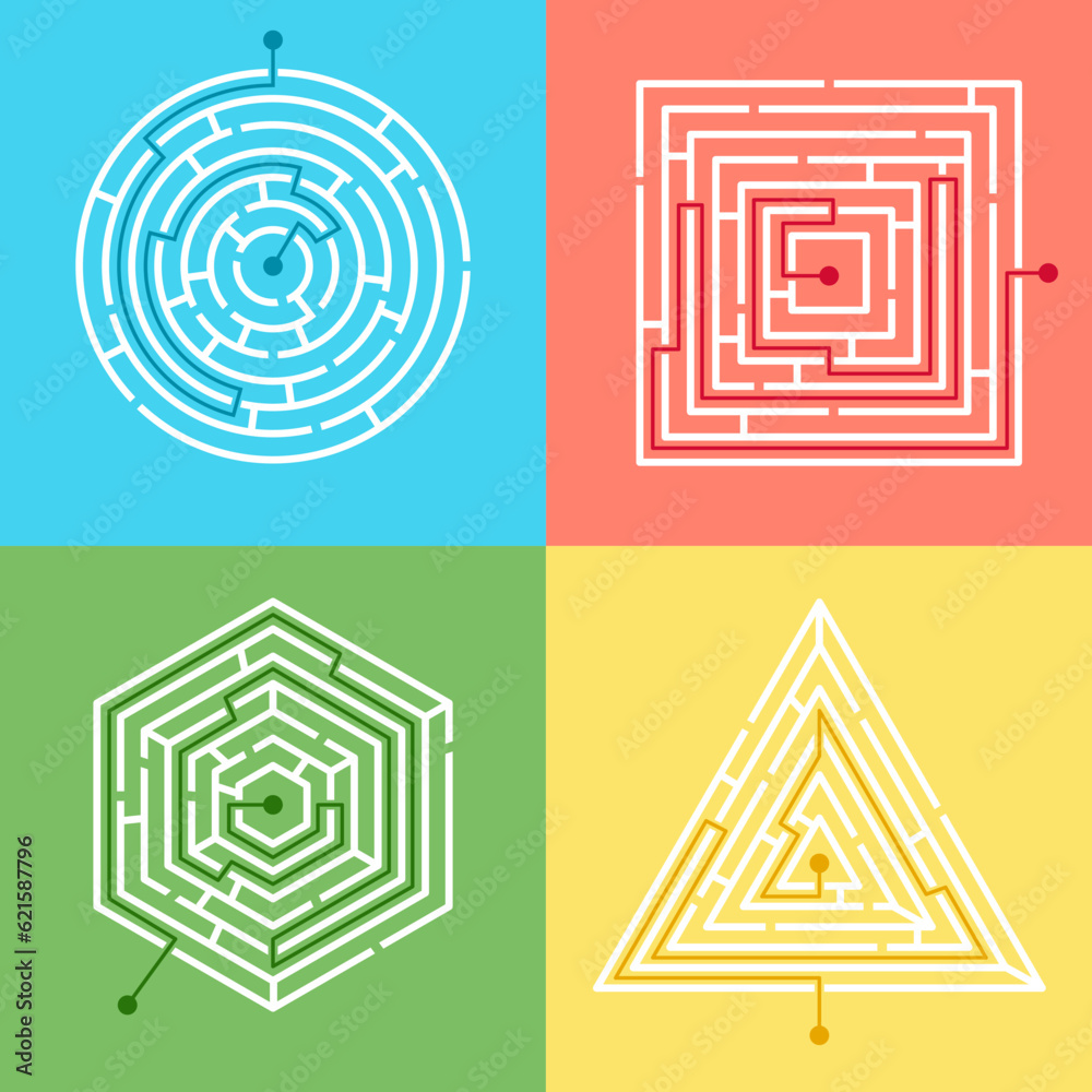 Four various mazes. Simple logic game with labyrinths way. Quiz ...