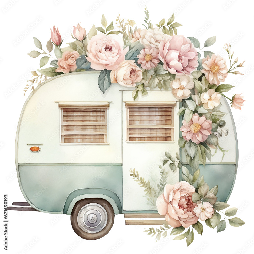 Vintage Caravan Clipart, Pastel Caravan Watercolor Clipart, Vintage Van ...