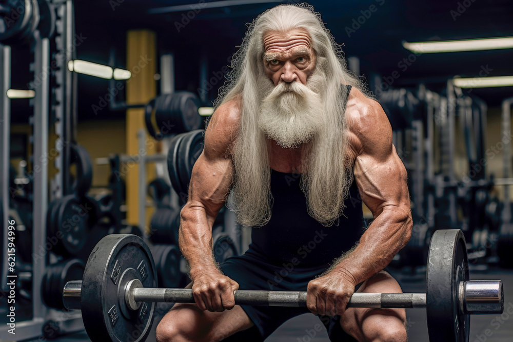 Generative AI illustration of very muscular old man with long gray hair ...