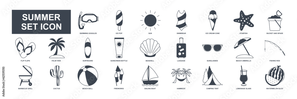 Vetor de Summer icon set, travel symbols collection, logo illustrations ...