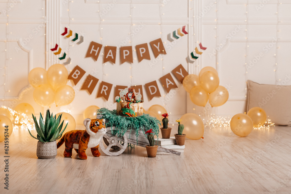 studio background for birthday with balloons and garland Stock Photo ...